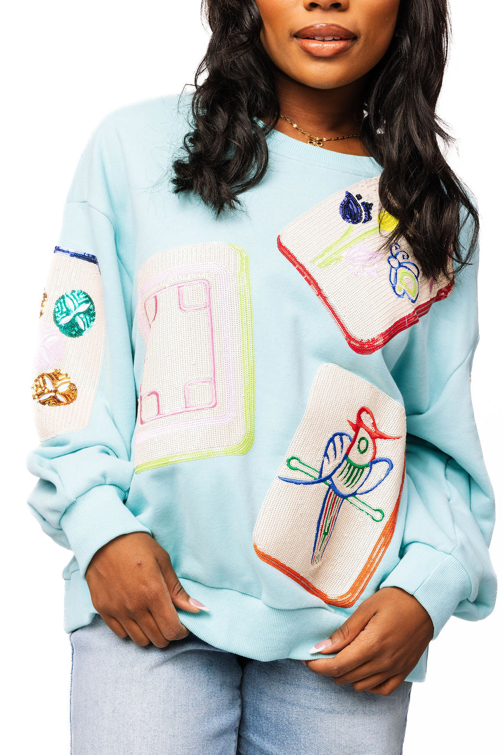 QOS Aqua Scattered Mahjong Tile Sweatshirt – Boutique Bella Bella