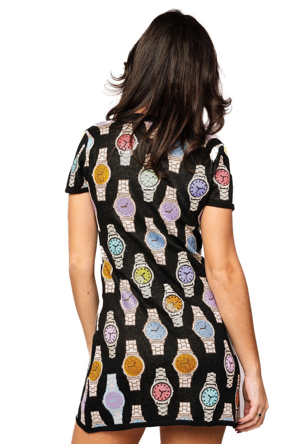 QOS Black Button Up Multi Watch Knit Short Sleeve Dress – Boutique ...